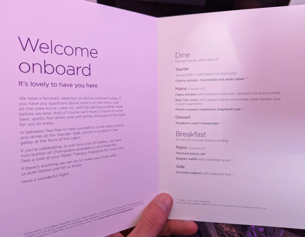 Premium Economy Menu Picture Of Virgin Atlantic Airways Tripadvisor